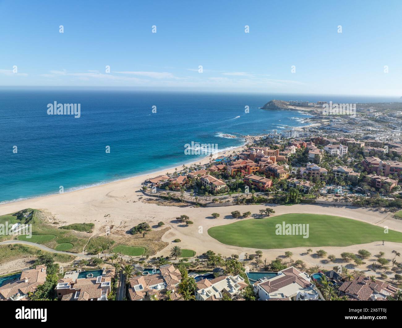 Aerial view of luxury golf course on the pacific ocean in Los Cabos ...