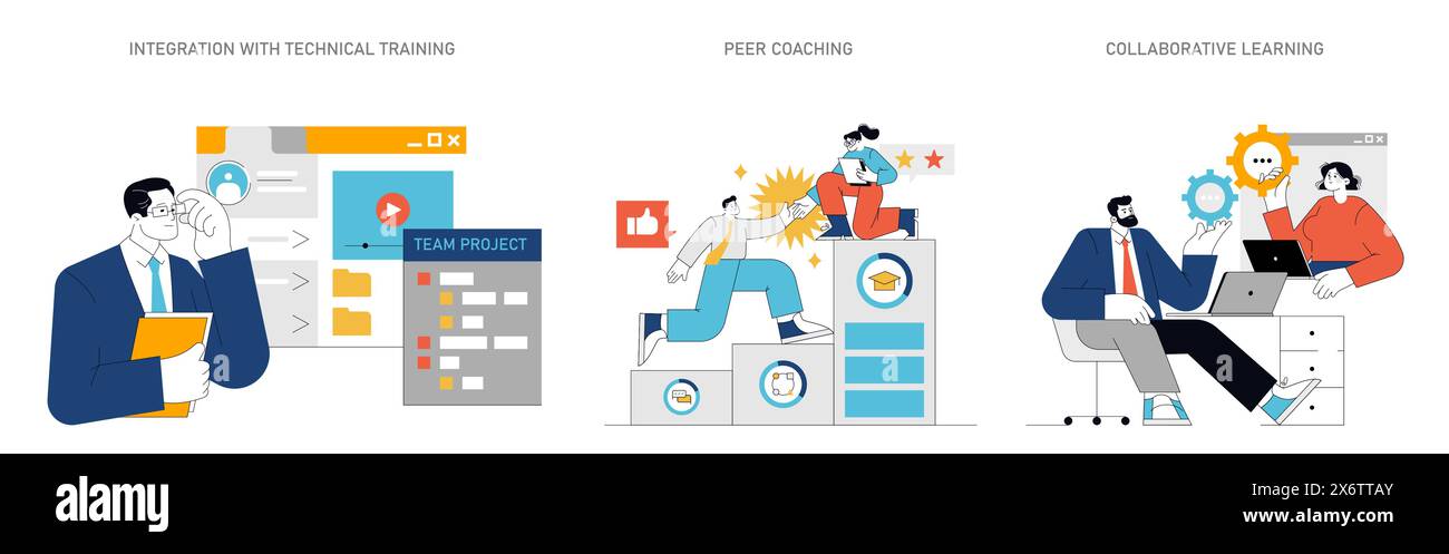 Soft Skills Development set. Interactive learning, peer coaching, and team collaboration ...