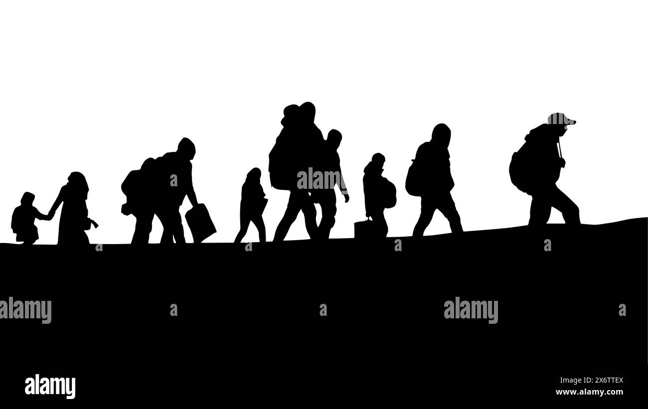 Vector Illustration of Refugees Walking on White Background Stock ...