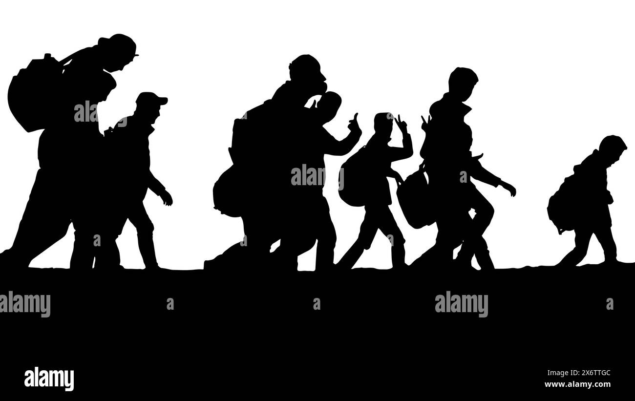 Vector Illustration of Refugees Walking on White Background Stock ...