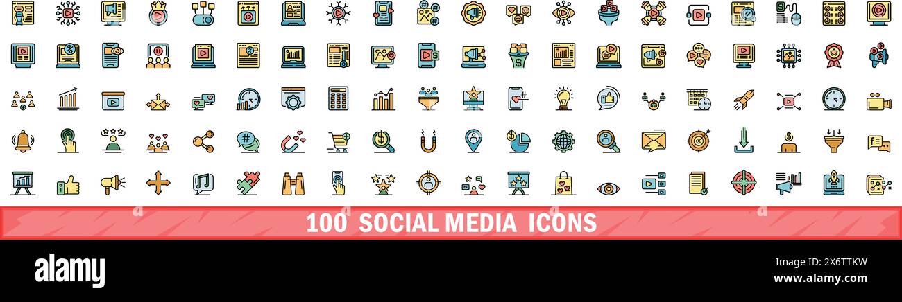 100 social media icons set. Color line set of social media vector icons ...