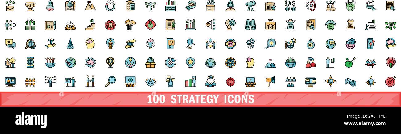 100 strategy icons set. Color line set of strategy vector icons thin ...