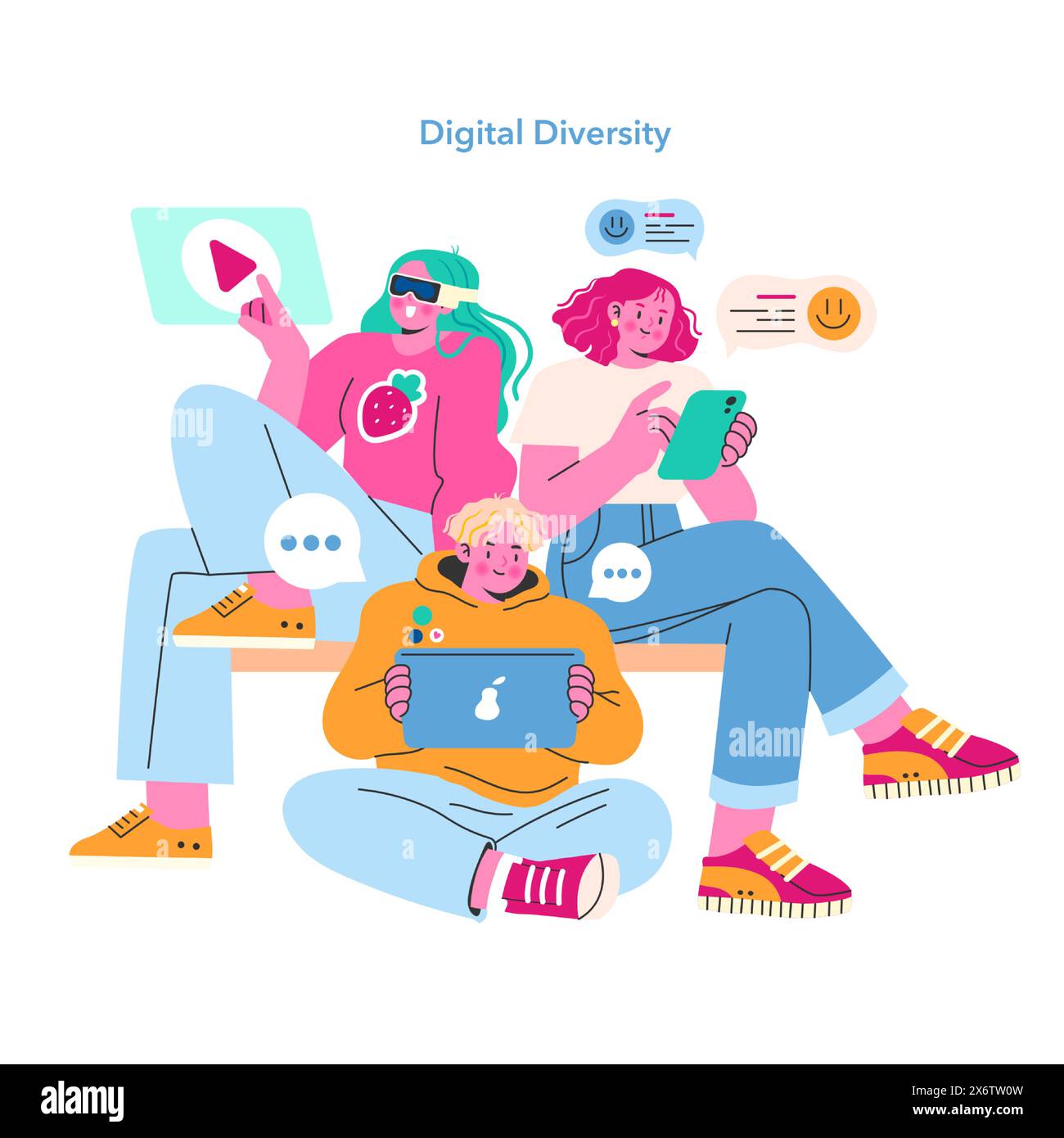 Content Creation concept. Diverse group engaged in digital media activities illustrating modern ...