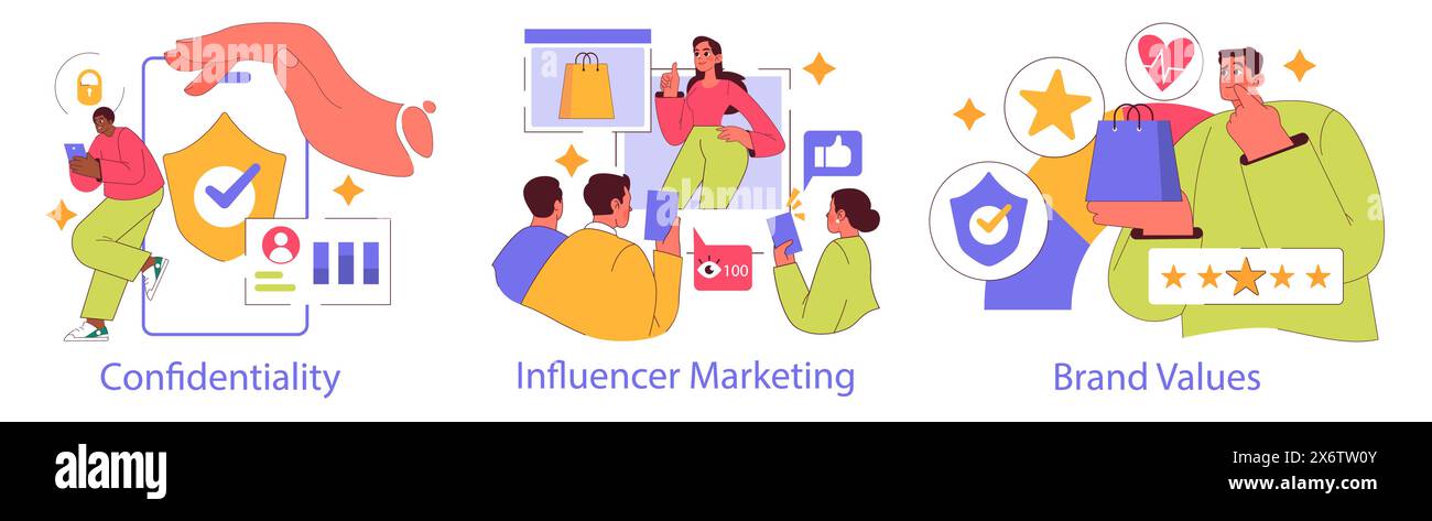 Millennial Engagement Concepts set. Online privacy, influencer ...