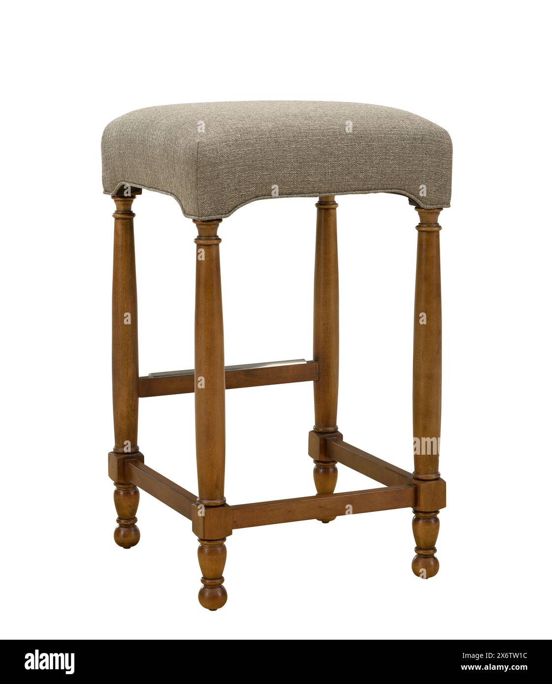 close up of a soft grey fabric stool with wooden legs isolated on white ...
