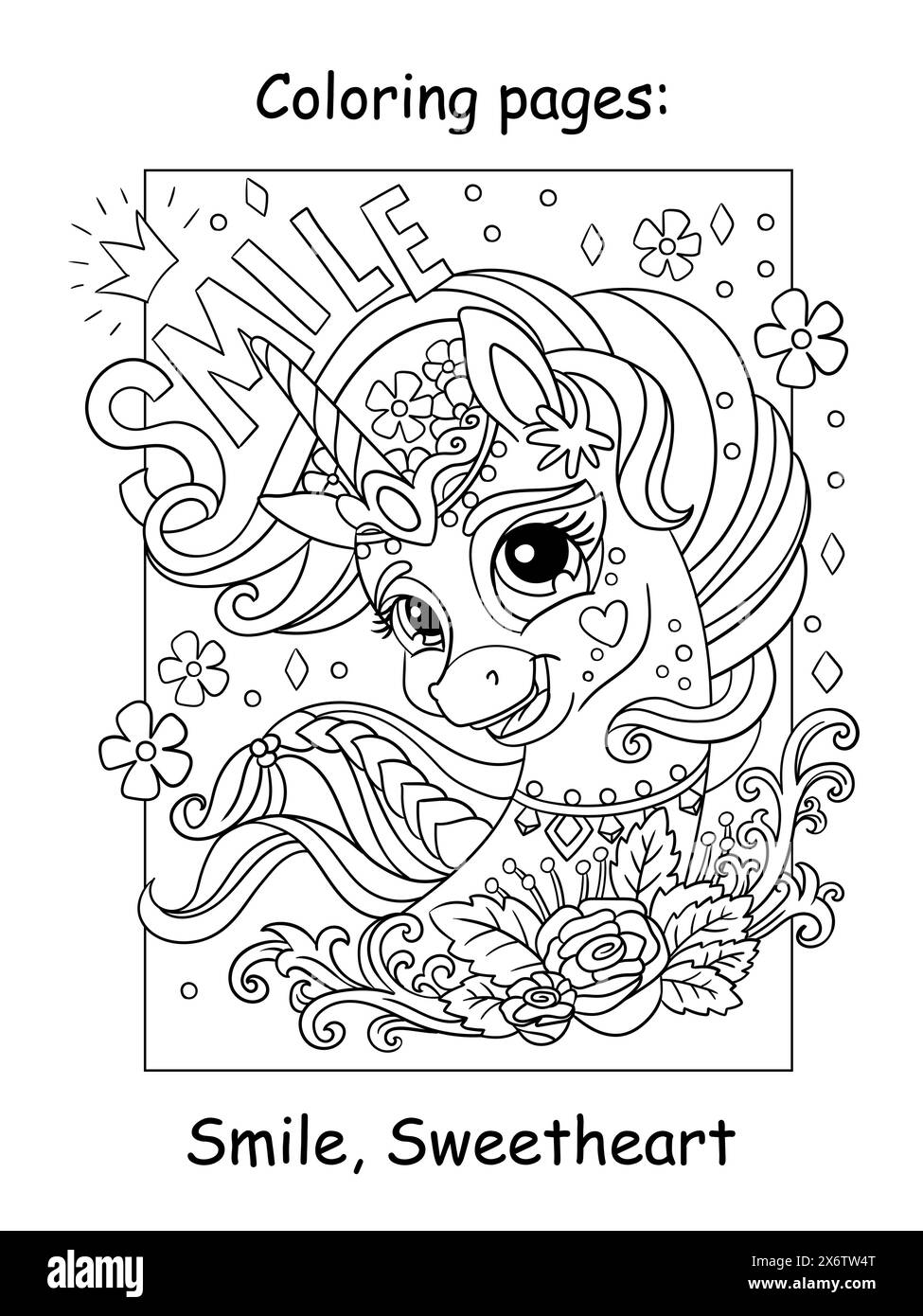 Cute unicorn with lettering smile coloring vector Stock Vector Image ...