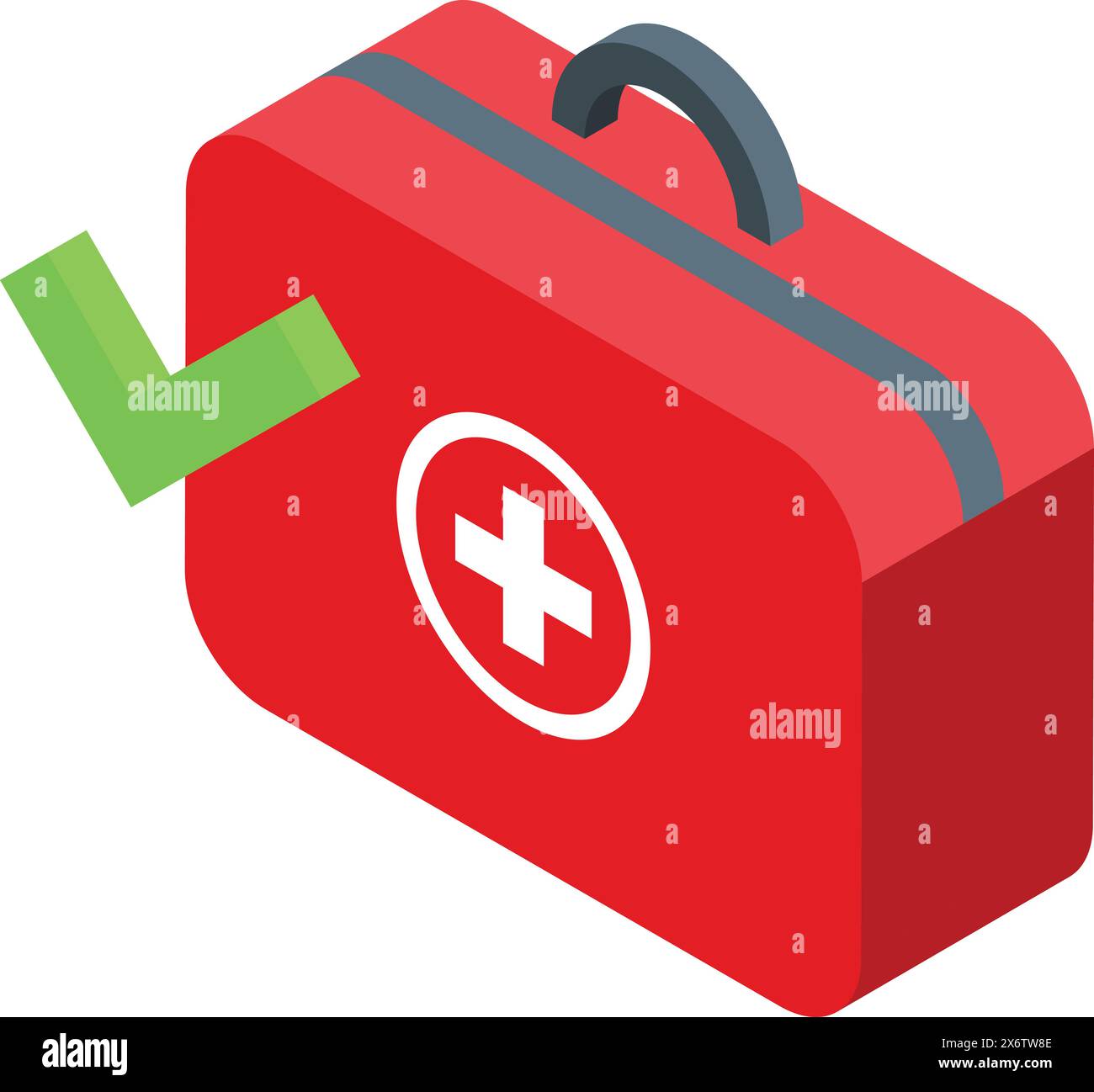 Bright red, isometric first aid kit icon with a green check mark ...