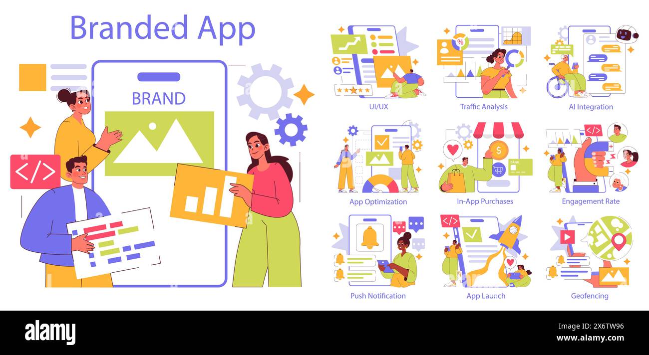 Branded App concept. Teams work on mobile app features like UI UX design, analytics, and ...