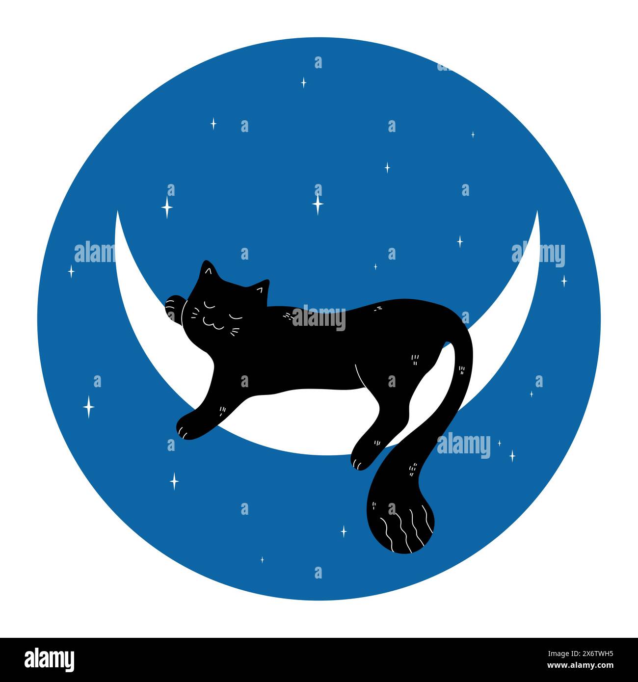 Cute black cat sleeping on a crescent on blue night sky background ...