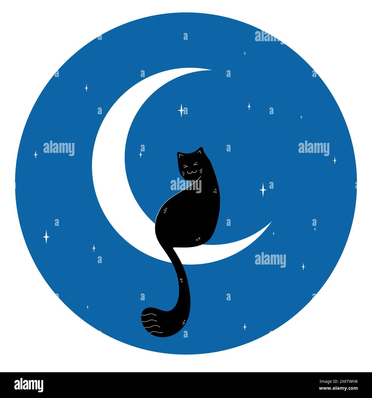 Cute black cat sitting on a crescent on blue night sky background ...