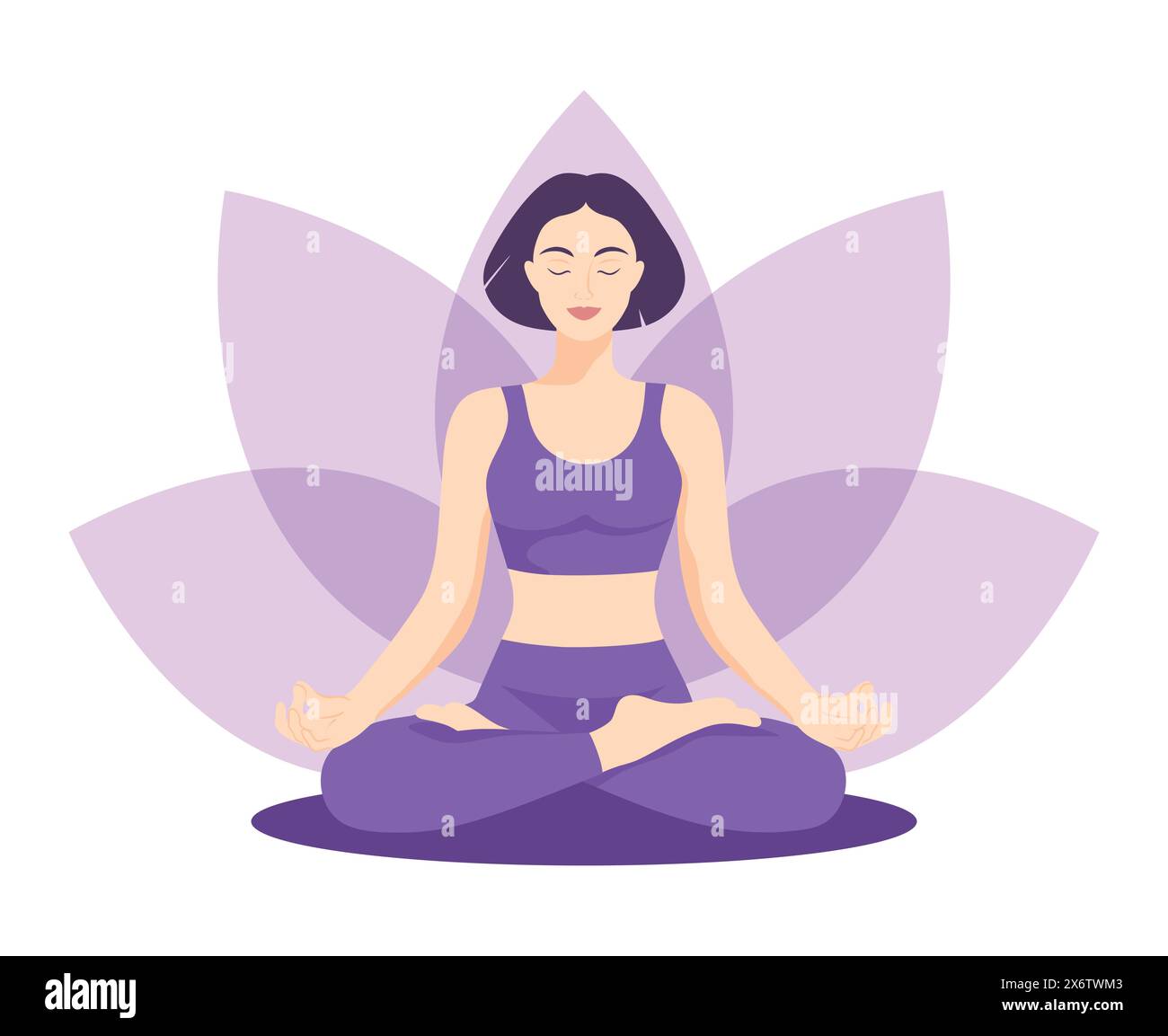 Calm girl with a short hair sitting in yoga pose lotus flower ...