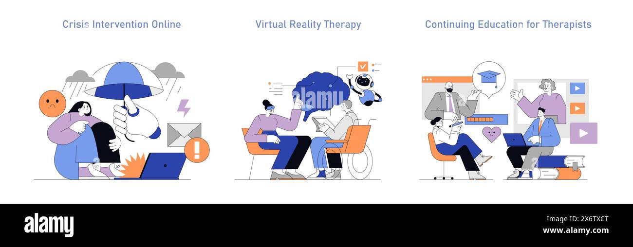 Telepsychology set. Online crisis intervention, VR therapy session, and ...