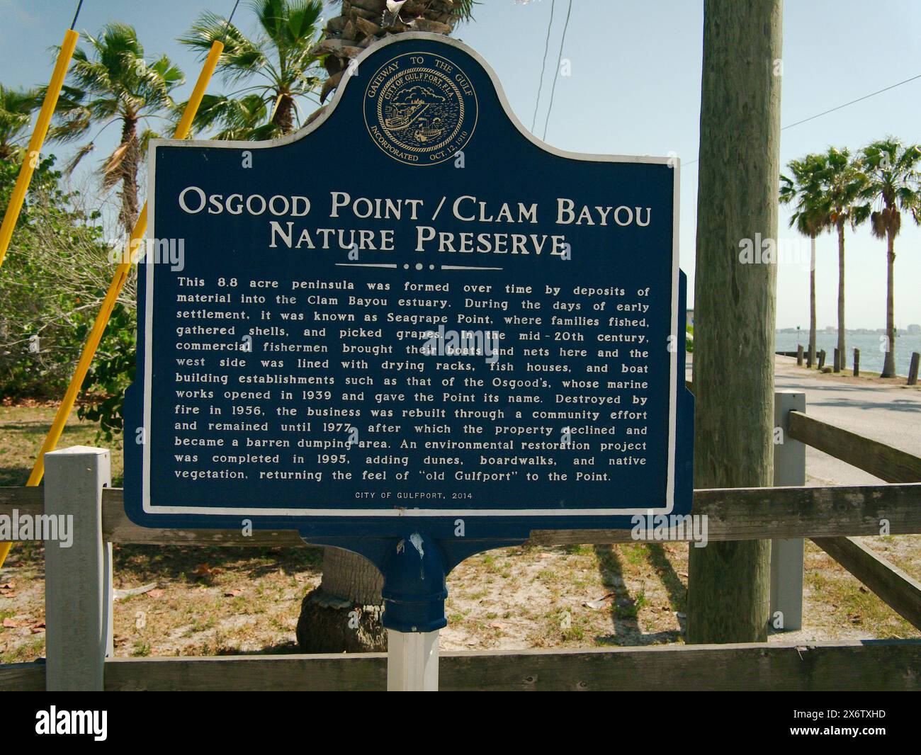 Editorial Use Only Blue and white sign for Osgood Point / Clam Bayou ...