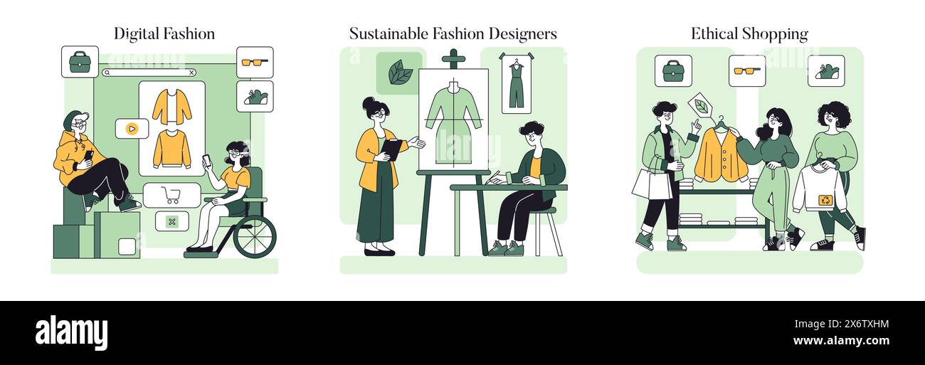 Sustainable Fashion set. From digital design to ethical shopping, highlighting eco-friendly ...