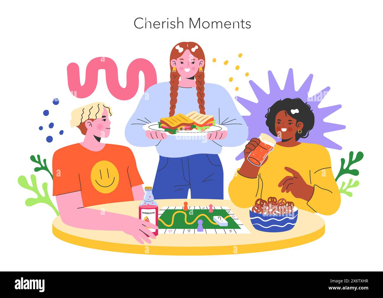 YOLO concept. Three friends enjoying snacks and playing a board game ...