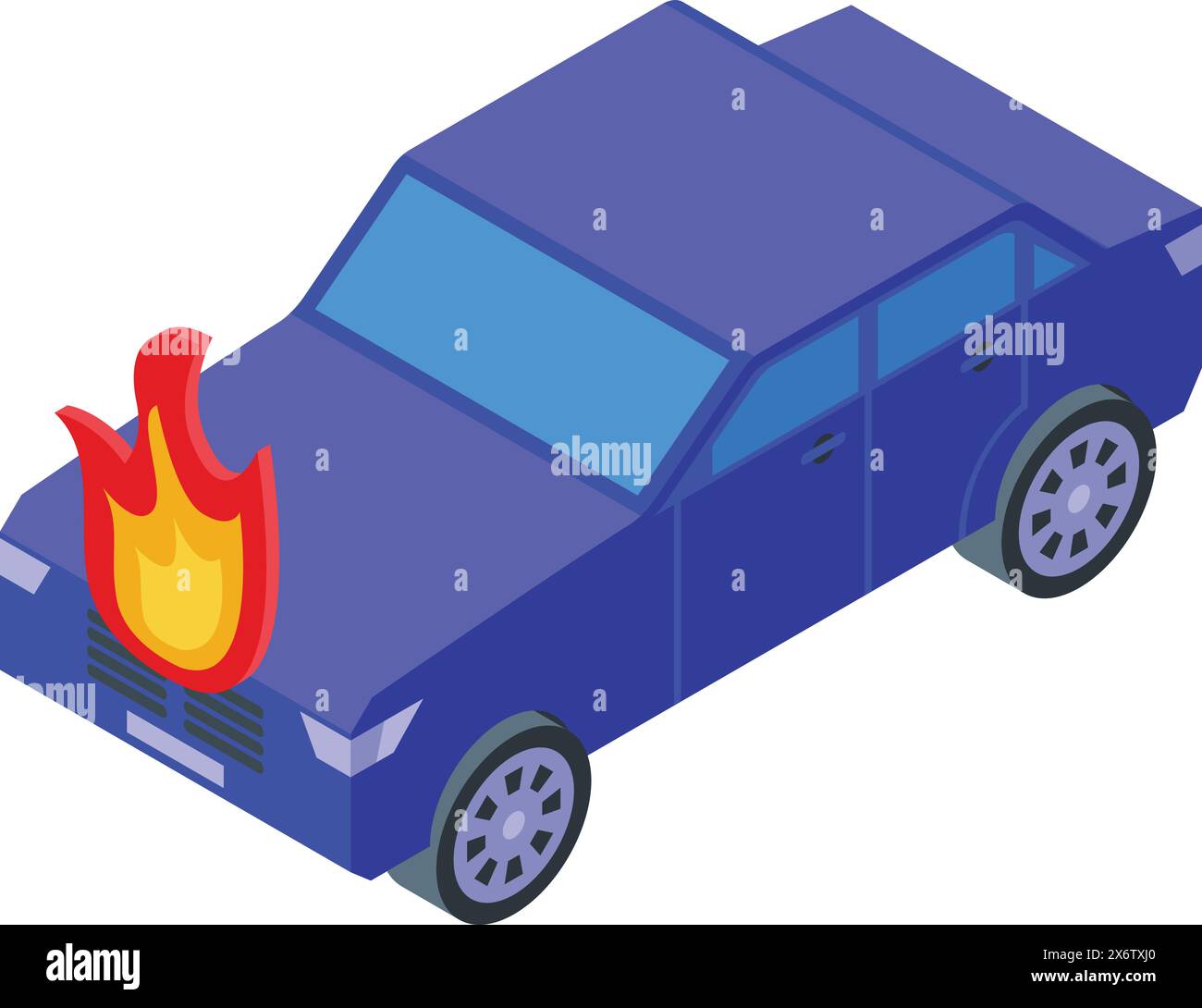 Vibrant isometric illustration of a blue car with flames erupting from ...