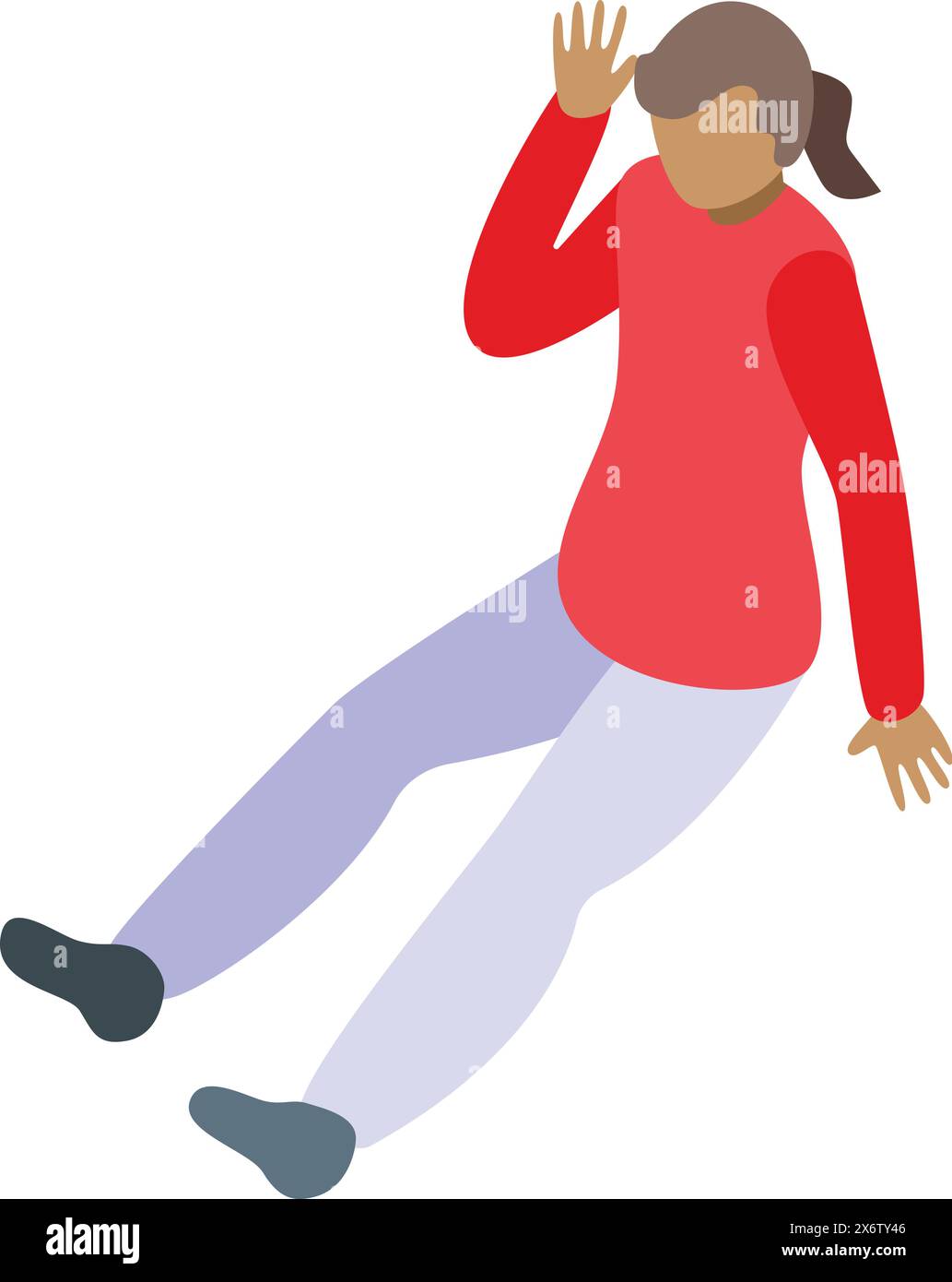 Colorful illustration of a seated woman with one hand raised, in ...