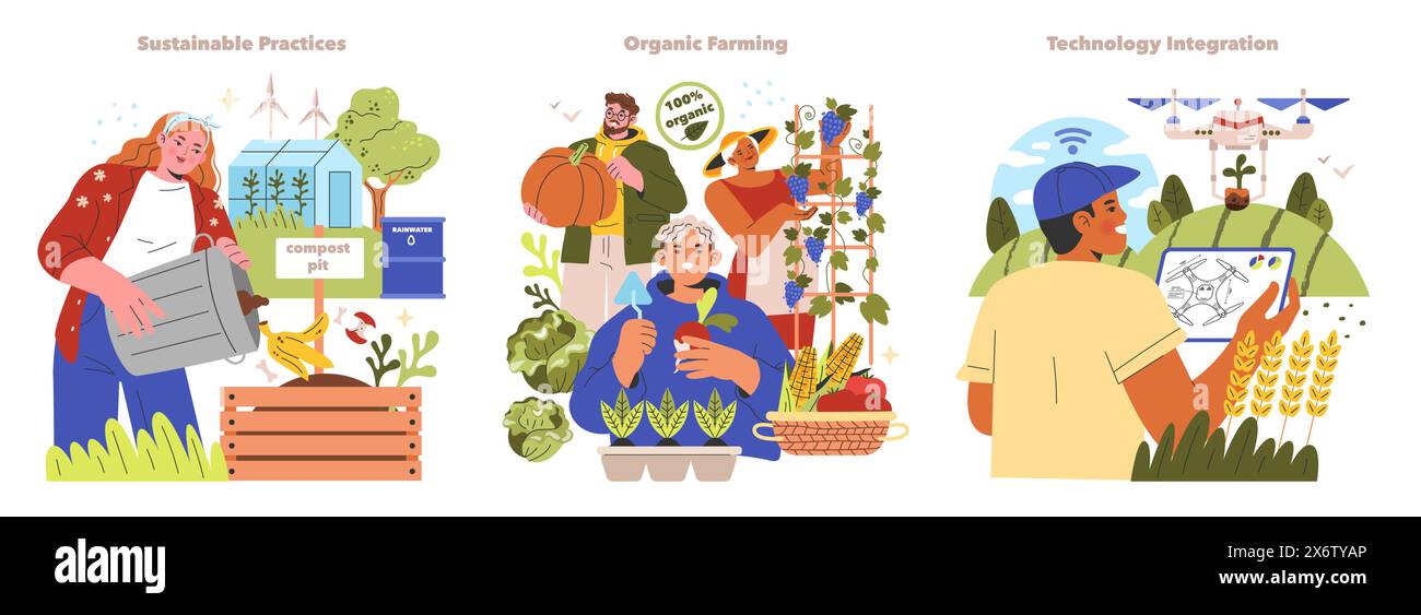 Farm life set. Illustrating sustainable practices, organic farming, and ...