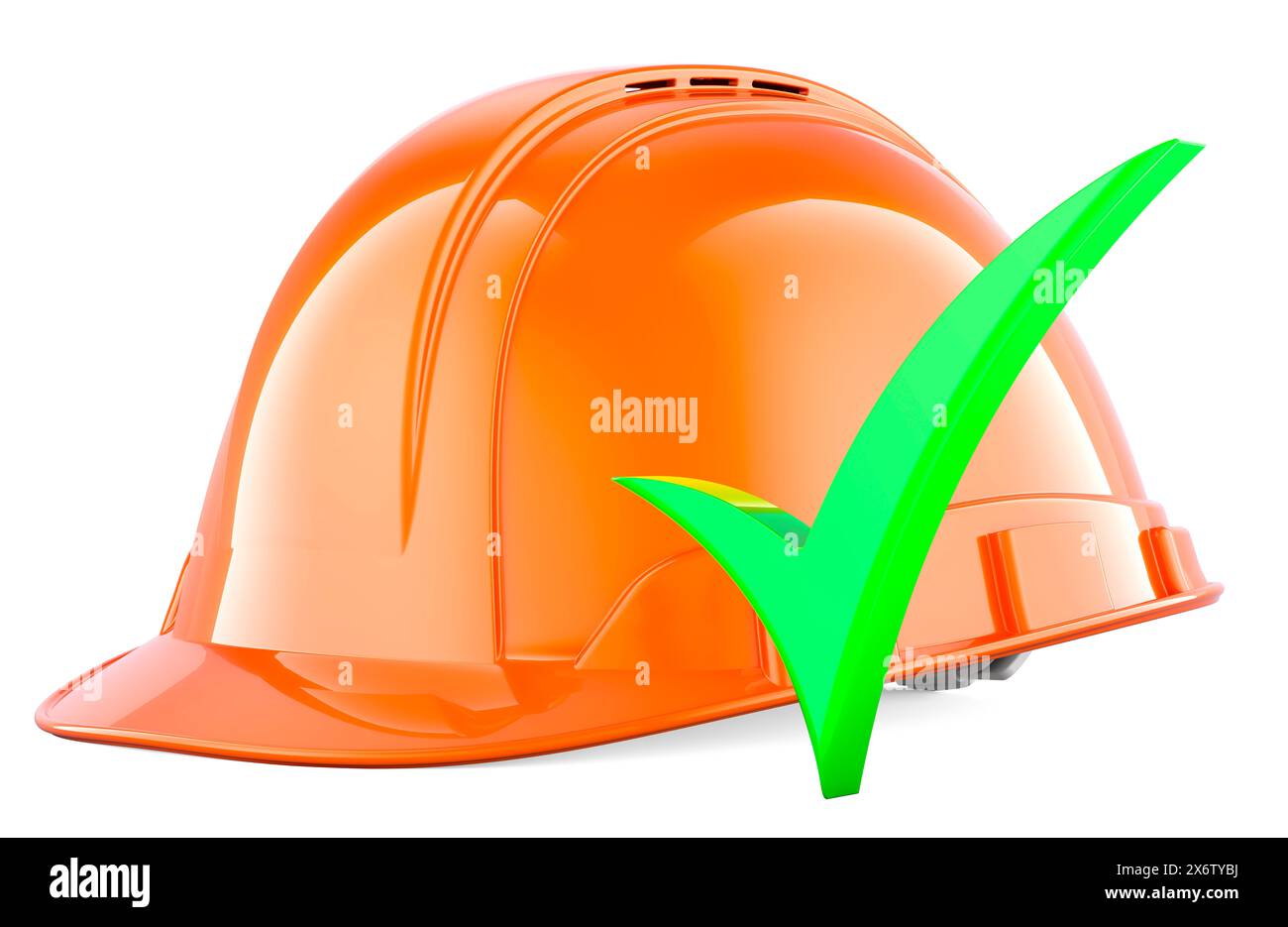 Construction orange hard hat with green check mark, 3D rendering ...
