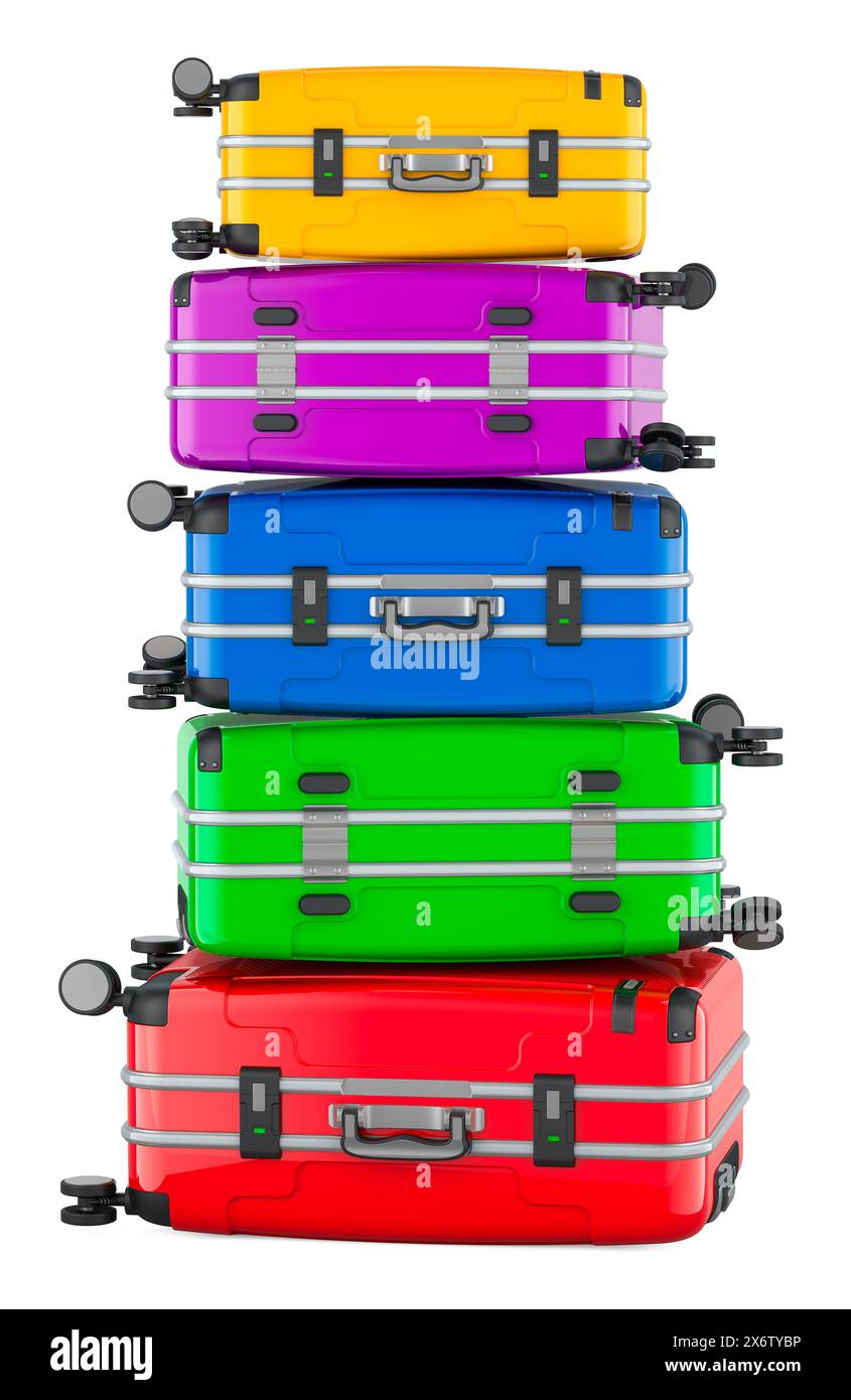Colorful briefcases stack, heap of colored suitcases. 3D rendering ...