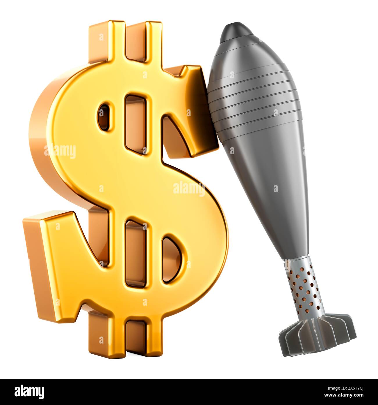 Dollar symbol with mortar bomb, 3D rendering isolated on white ...