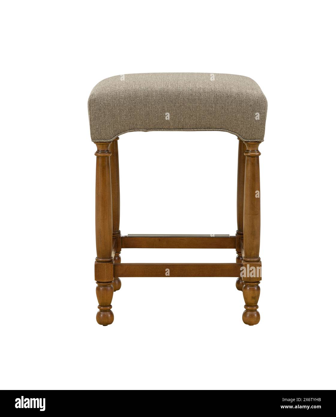 close up of a soft grey fabric stool with wooden legs isolated on white ...