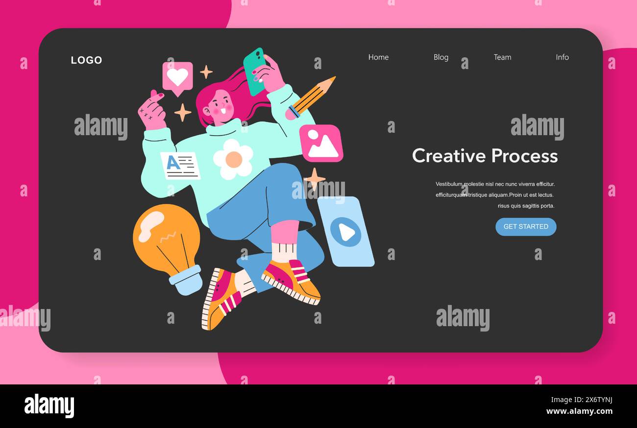 Creative process concept. An illustrator juggles creative elements like gadgets, ideas, and ...