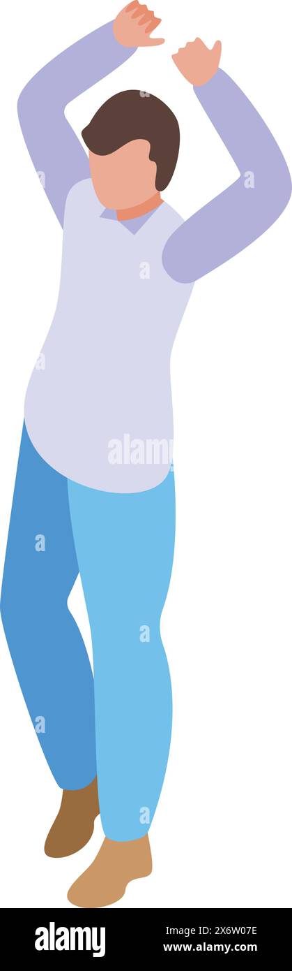 Isometric illustration of a man with arms raised, stretching or ...