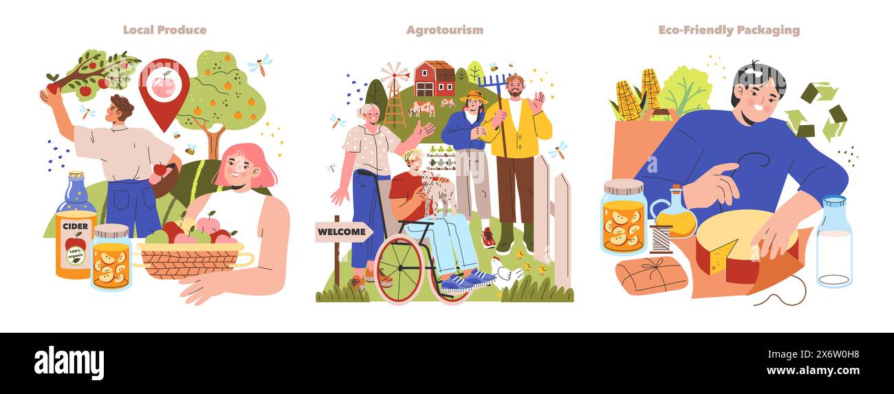 Rural Lifestyle set. Harvesting apples, welcoming tourists on a farm ...