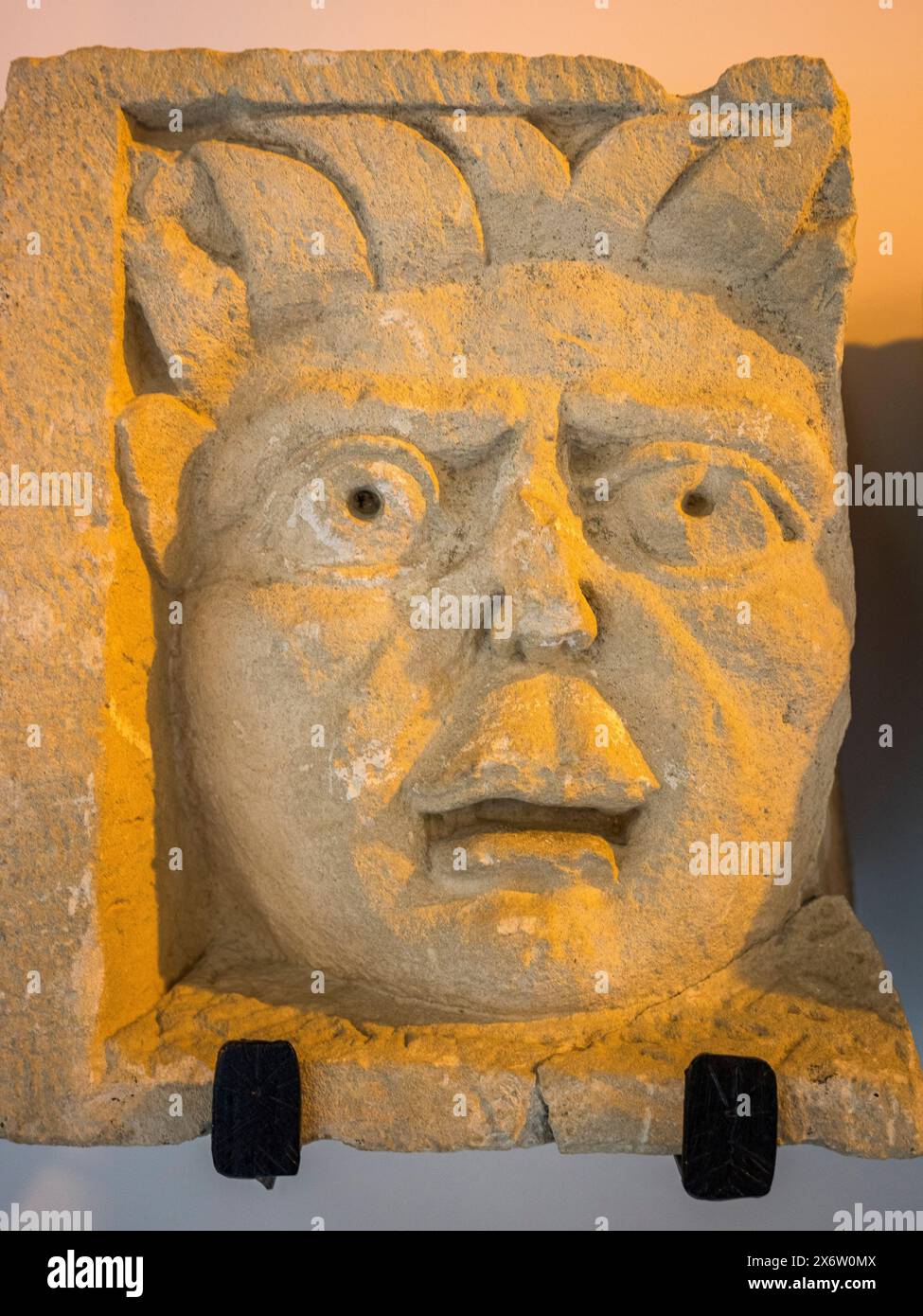 human head on a Roman funerary monument, Archeological Museum. Úbeda ...