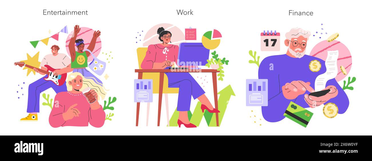 Life Balance set. Illustration of individuals engaging in entertainment ...