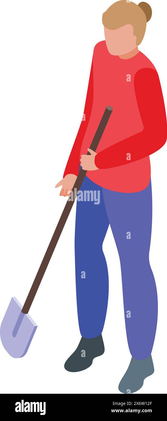 Isometric illustration of a woman standing with a shovel, poised to ...