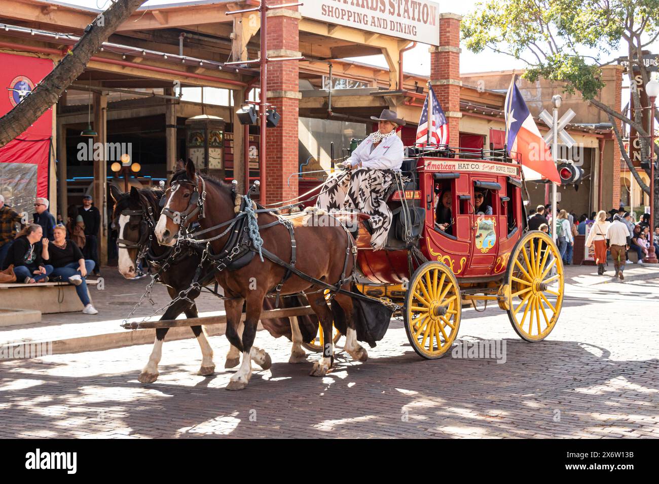 A women stagecoach driver hauls tourist down a brick road in the ...