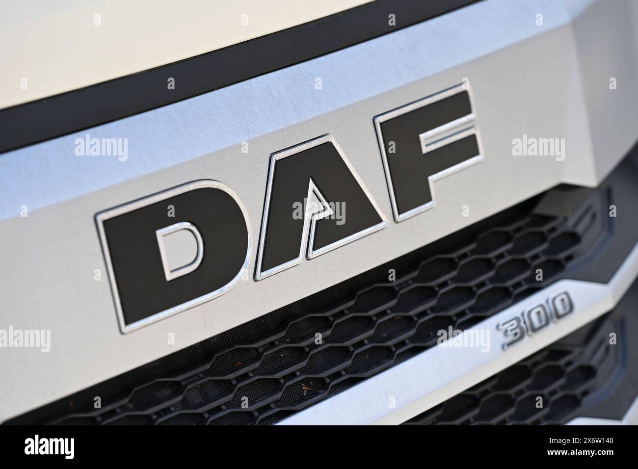 DAF Firmenemblem an der Front eines LKW. *** DAF company logo on the ...