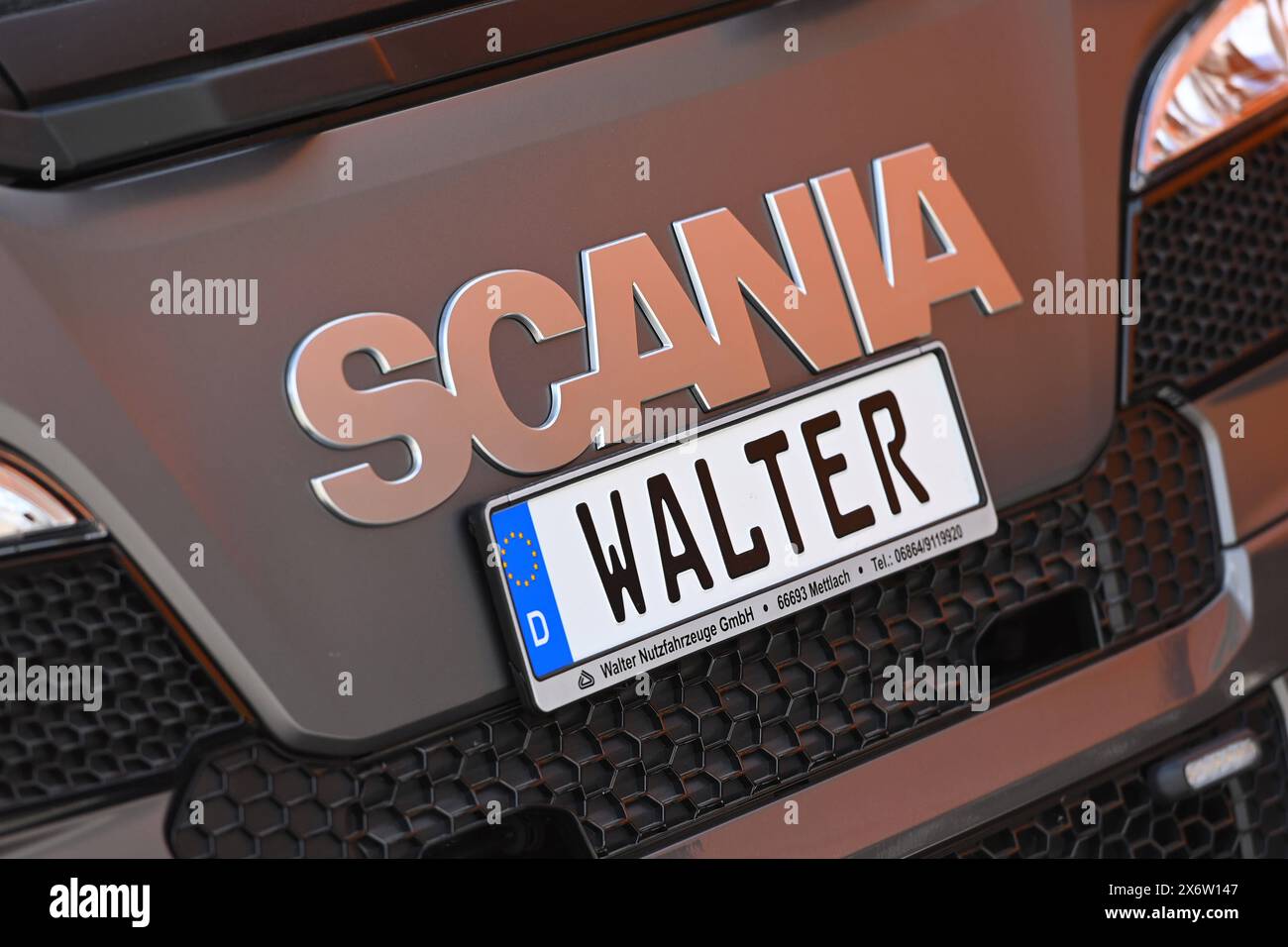 SCANIA Firmenemblem an der Front eines LKW. *** SCANIA company logo on ...