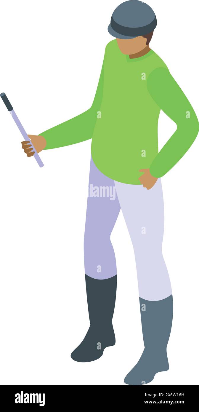 Isometric illustration of an equestrian rider in gear holding a riding ...