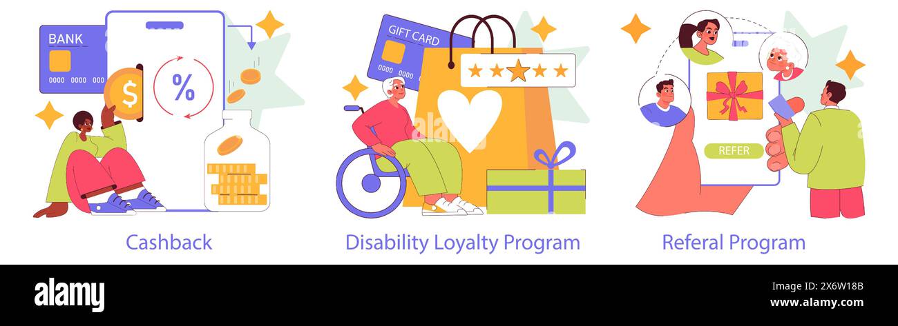 Loyalty program set. Cashback savings, inclusive disability rewards, and referral benefits ...