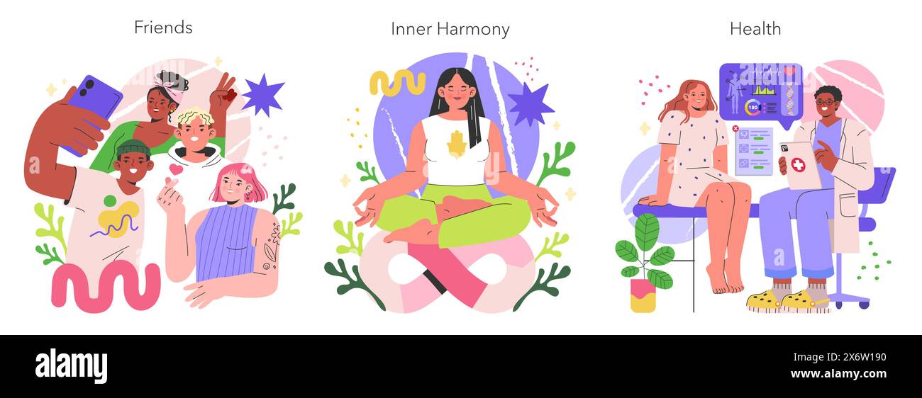 Wellness Balance Wheel set. Illustrations of friendship, inner harmony ...