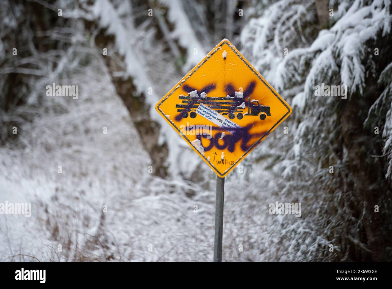A sign cautioning use of logging trucks on a road to Port Refrew in ...