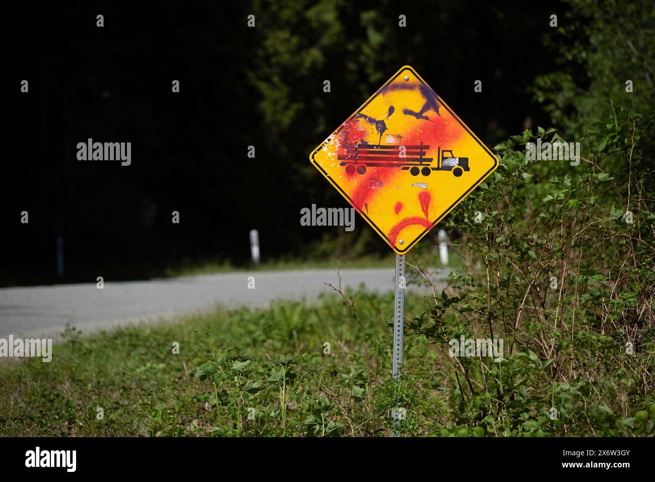 A sign cautioning use of logging trucks on a road between Lake Cowichan ...