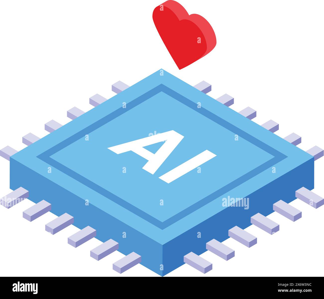 Isometric illustration of a red heart above an ai processor ...