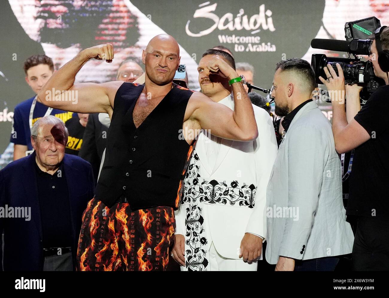 Tyson Fury (left) and Oleksandr Usyk during a press conference at BLVD ...