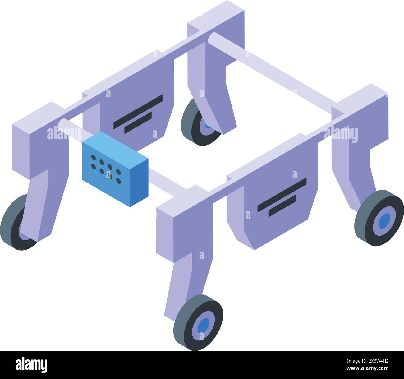 Isometric vector graphic of a futuristic fourwheeled robot, featuring a ...