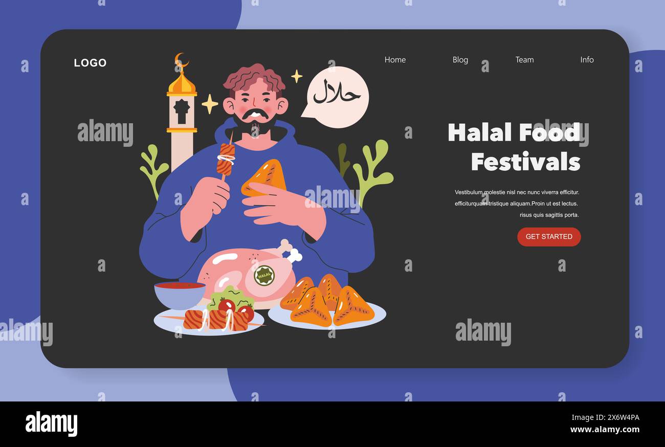 Halal Food Festivals concept. A cheerful man enjoys diverse halal ...