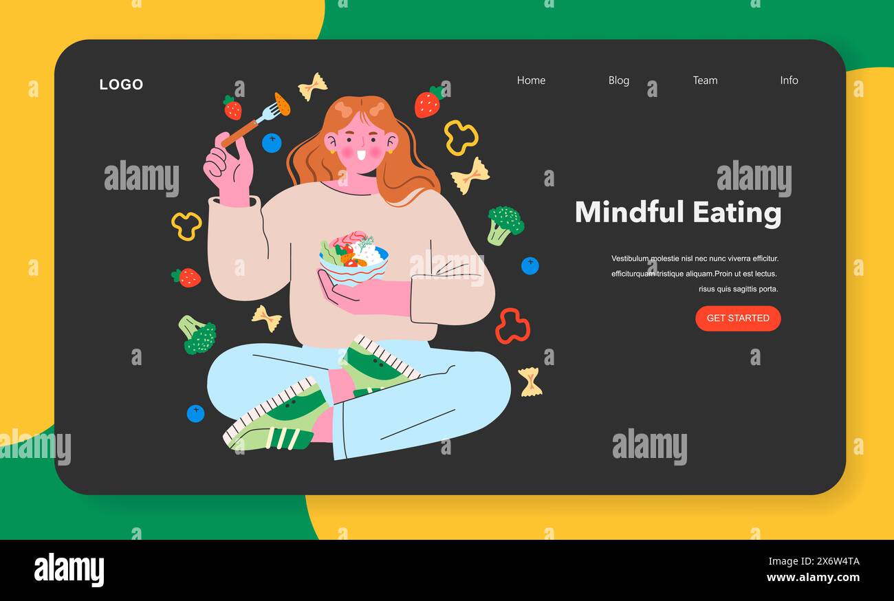 Healthy Snacking concept. A woman enjoys mindful eating, surrounded by ...