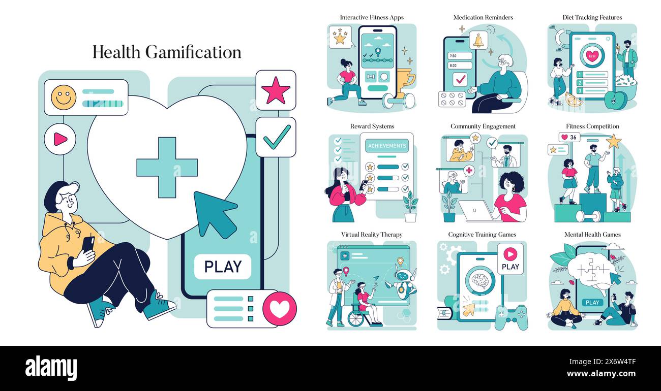 Health Gamification set. Engaging users in wellness activities through ...