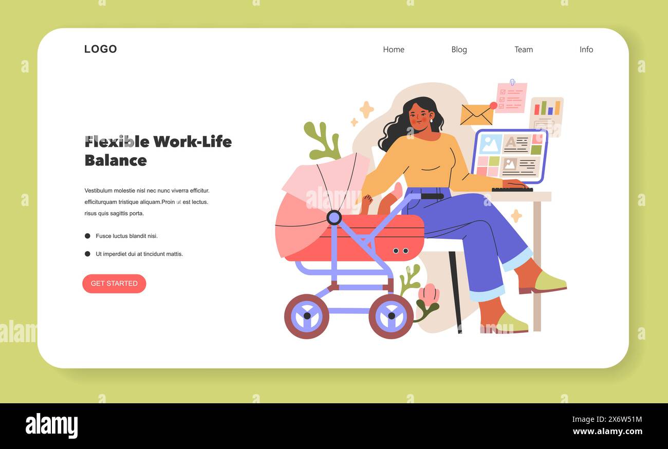 Flexible Work-Life Balance illustration. Depicts a millennial mother ...