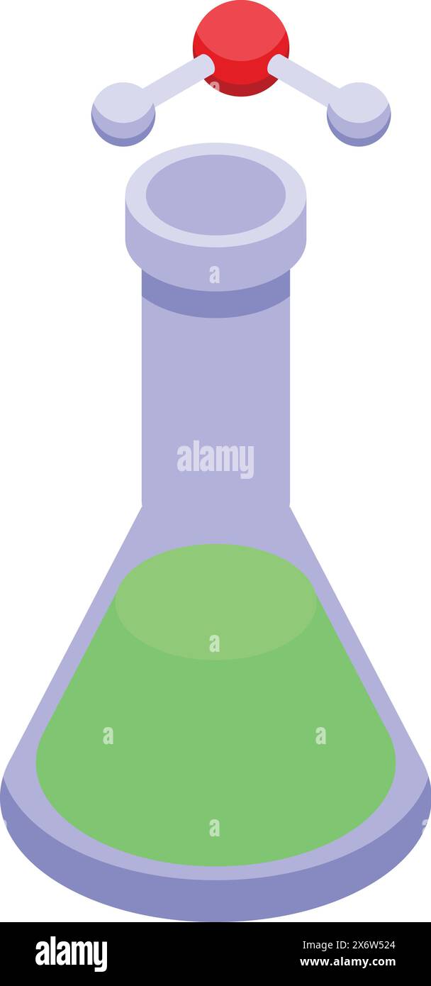 3d isometric illustration of a lab flask containing a green chemical ...