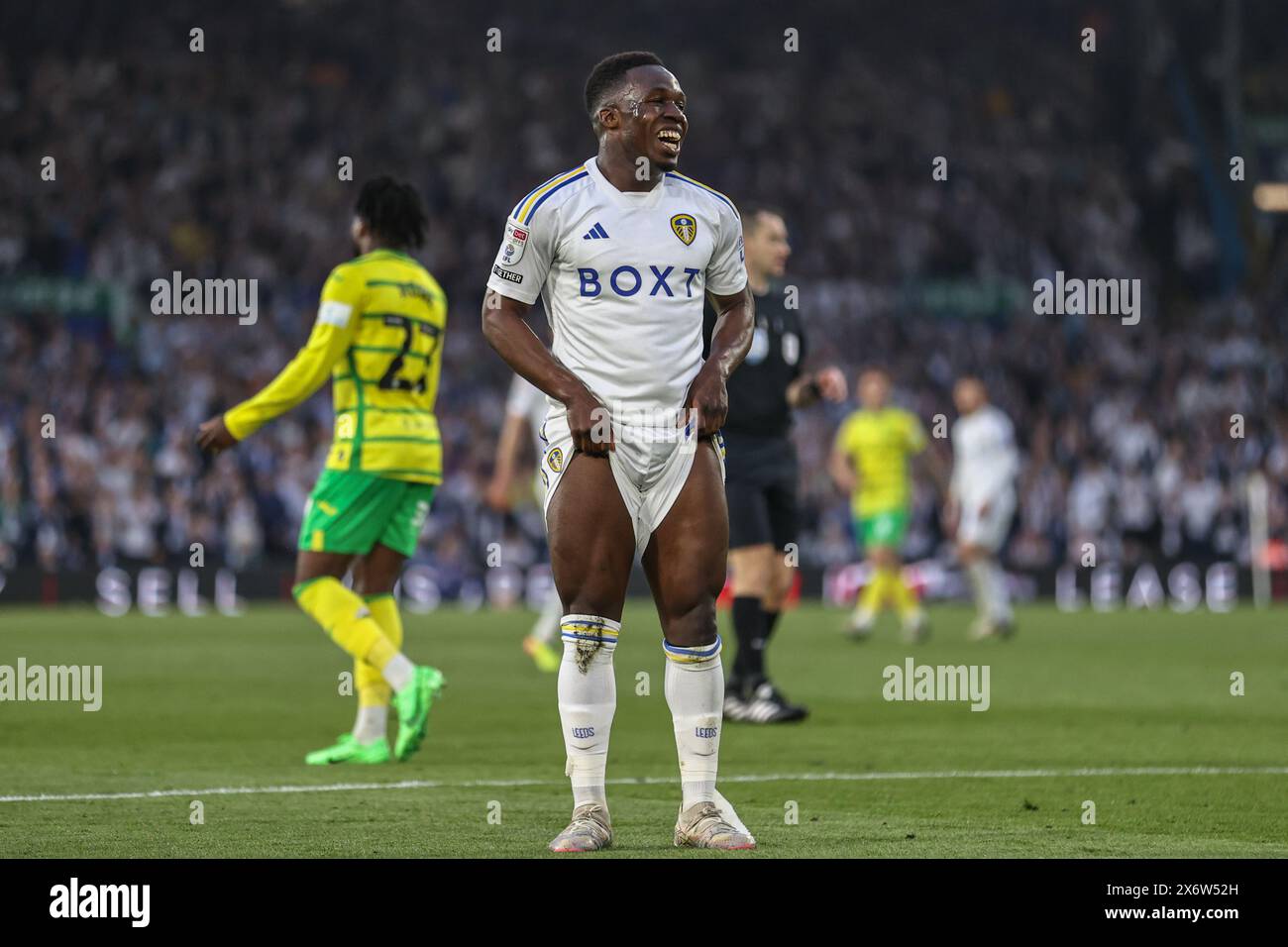 Wilfried Gnonto of Leeds United reacts after his shot on goal is saved ...
