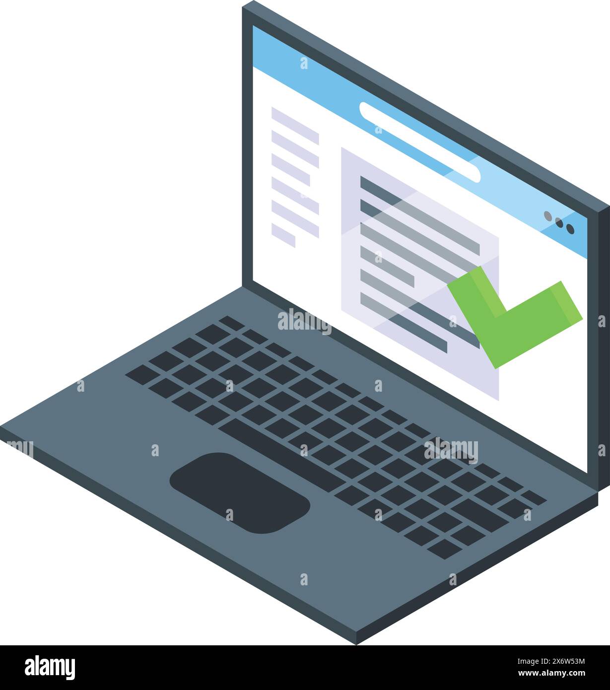 3d illustration of an isometric laptop displaying a green checkmark, symbolizing task completion ...
